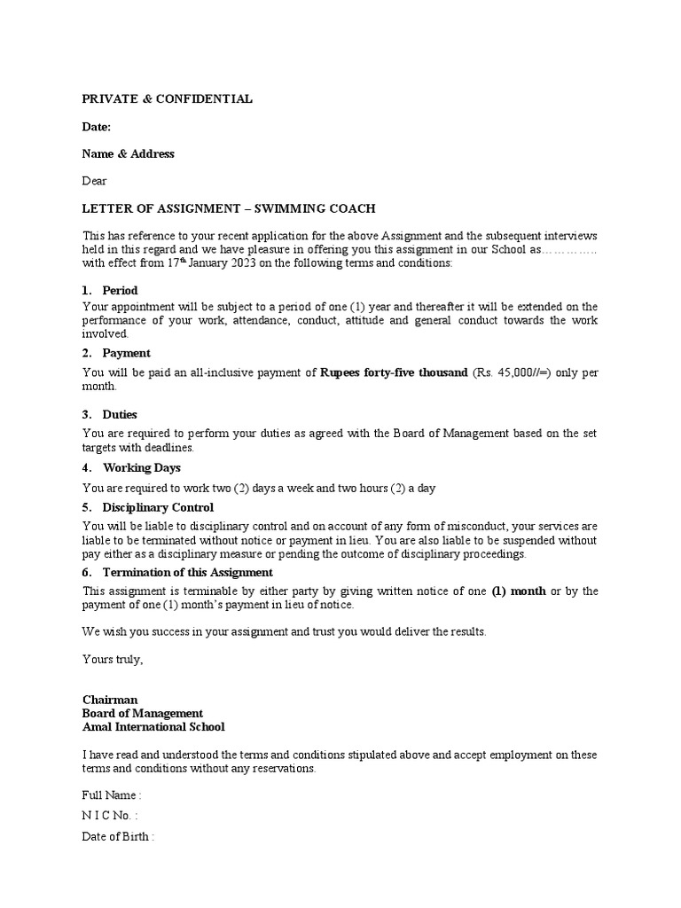 Letter of Assignment - Coach | PDF