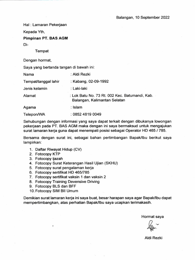 Lamaran PT Bas Aldi | PDF