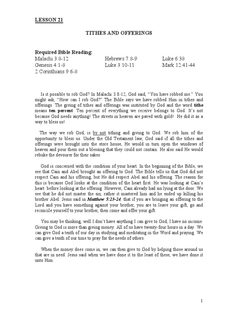 Lesson 21 Tithes and Offerings | PDF | Tithe | Jesus