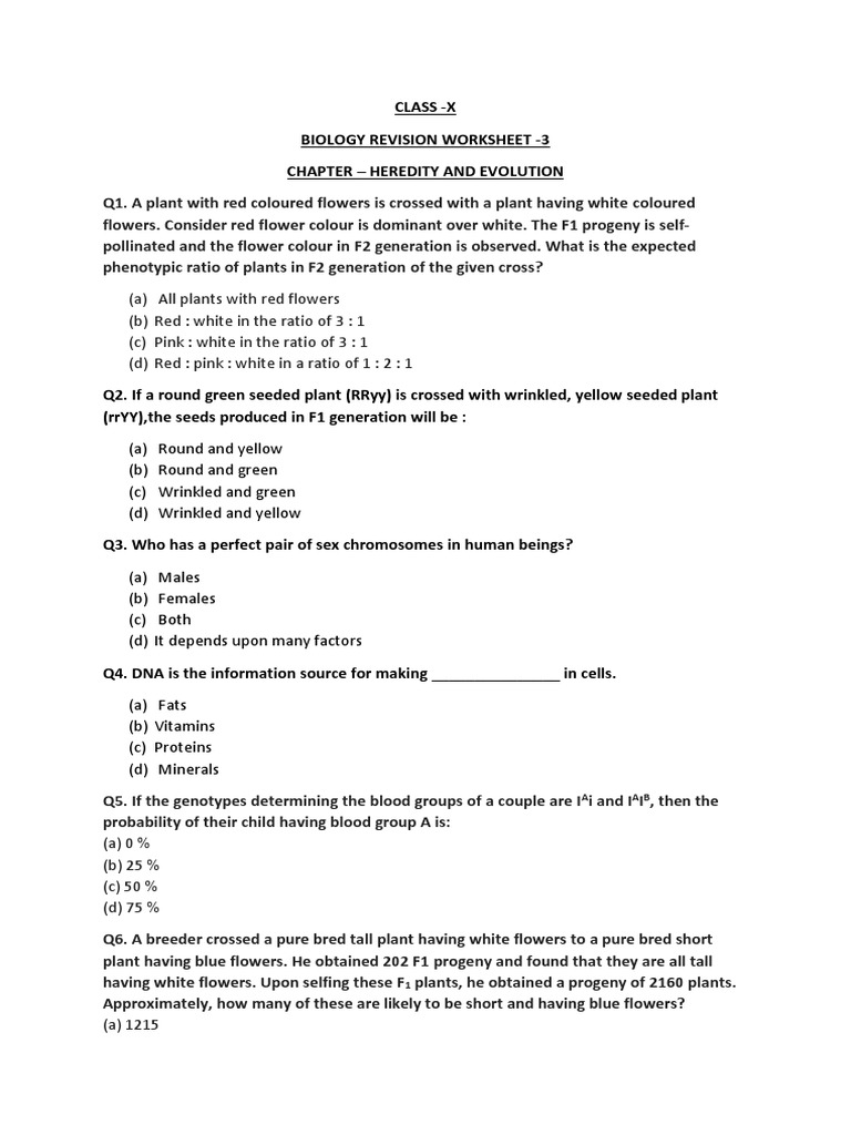X - Bio - REV - WS3 Sheets Class 10 .... | PDF | Genotype | Dominance (Genetics)