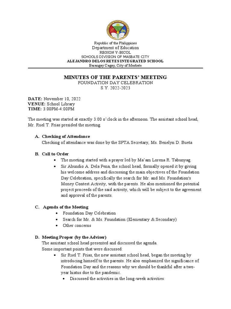 Parents Meeting Minutes Foundation Day Plans | PDF