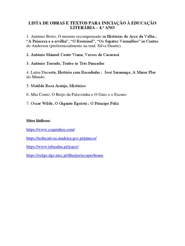 Lista de Obras e Textos para Iniciação À Educação Literária | PDF