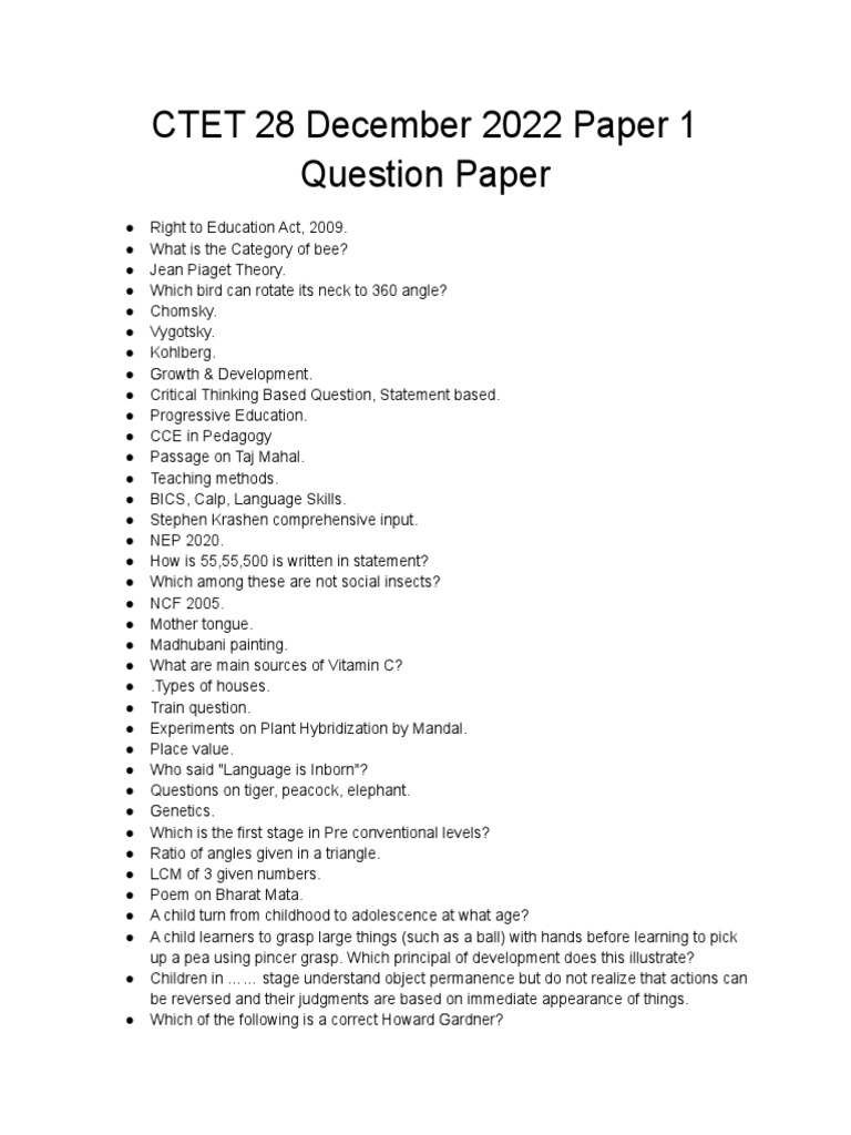 CTET Dec 2022 Paper 1: Key Topics | PDF | Wellness | Science & Mathematics
