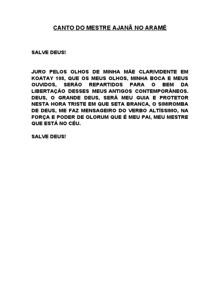 Canto Do Mestre Ajanã No Aramê | PDF