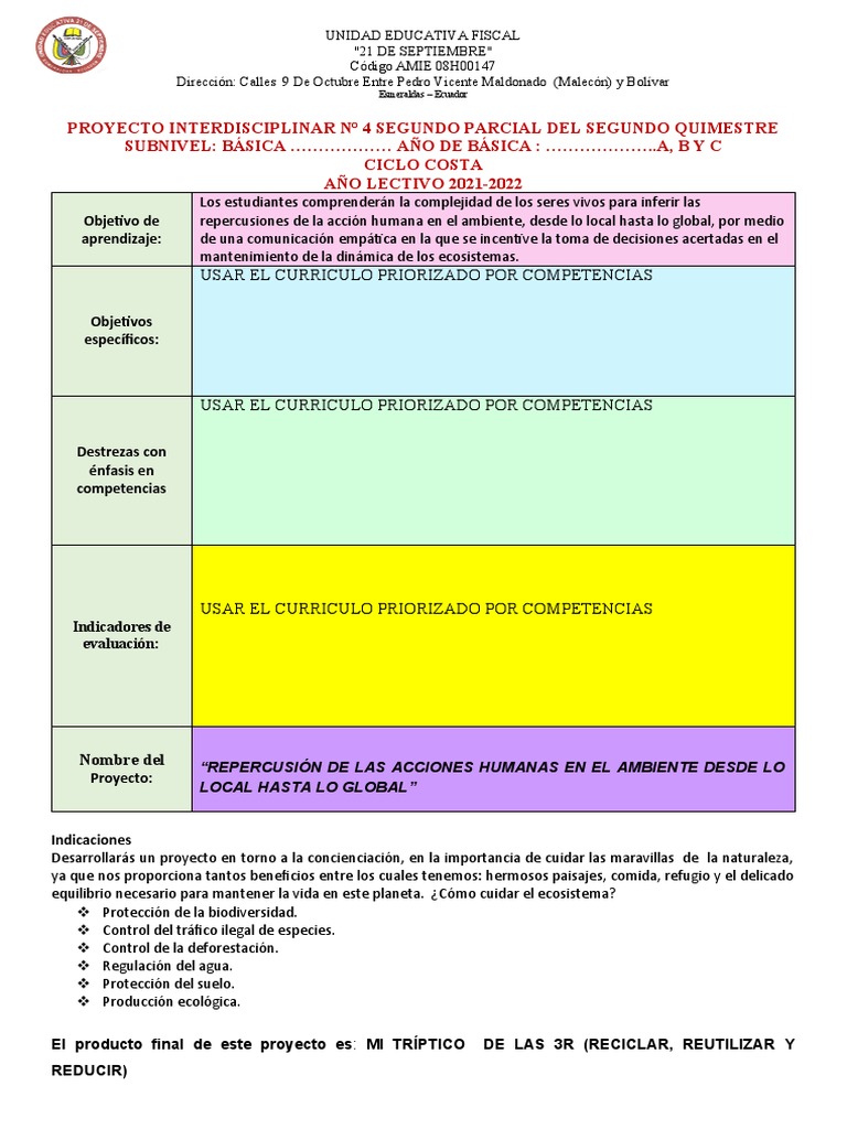Formato Proyecto Interdisciplinario Cuarto P 2q | PDF | Plan de estudios