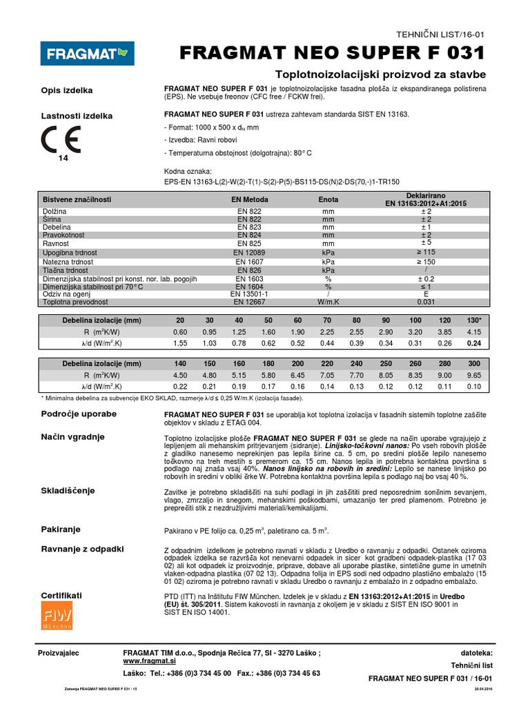 Tehnicni List FRAGMAT NEO SUPER F 031 | PDF