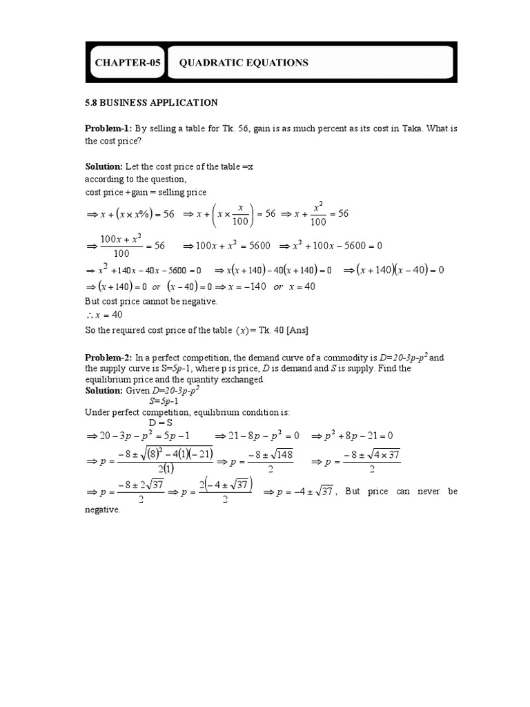 Sheet#5 Quadratic Equations | PDF | Economic Equilibrium | Prices