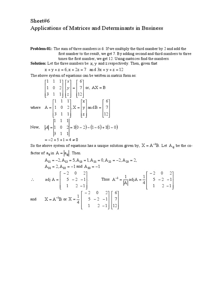 Sheet#6 - Matrices and Determinants | PDF | Matrix (Mathematics) | Profit (Economics)