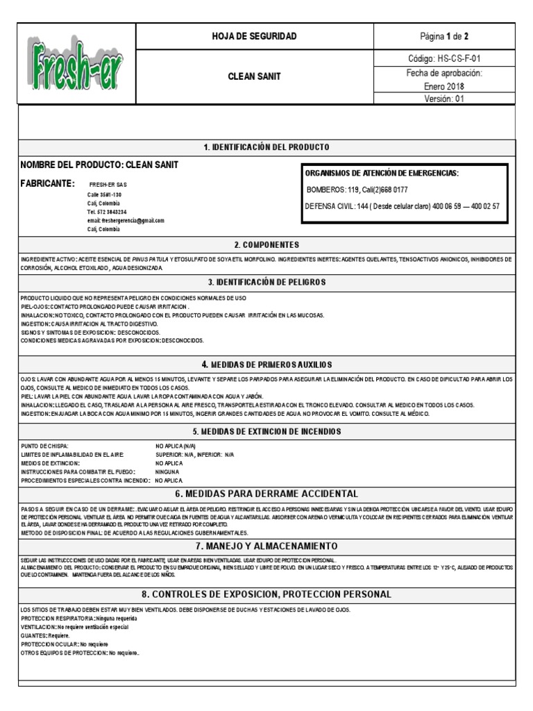 Hoja de Seguridad CLEAN SANIT | PDF | Agua | Química