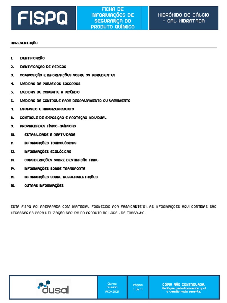 FISPQ Hidróxido de Calcio - DUSAL | PDF | Química | Cálcio