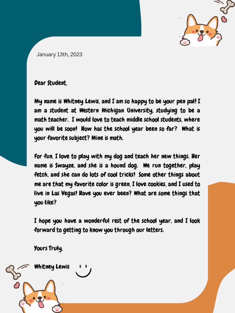 Pen Pal Introduction from a Future Teacher | PDF