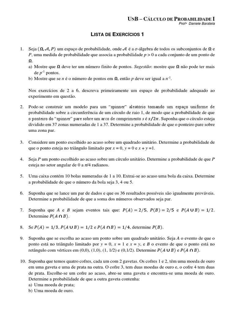 Lista de Exercícios de Probabilidade UNB | PDF | Probabilidade | Círculo