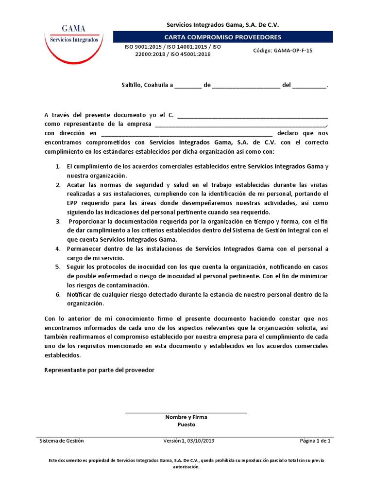 Fto. Carta Compromiso Proveedores - 1 | PDF