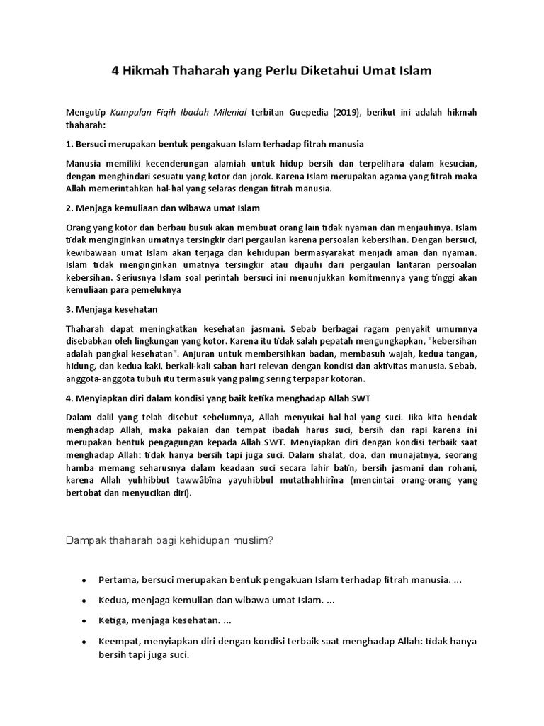 4 Hikmah Thaharah Yang Perlu Diketahui Umat Islam | PDF