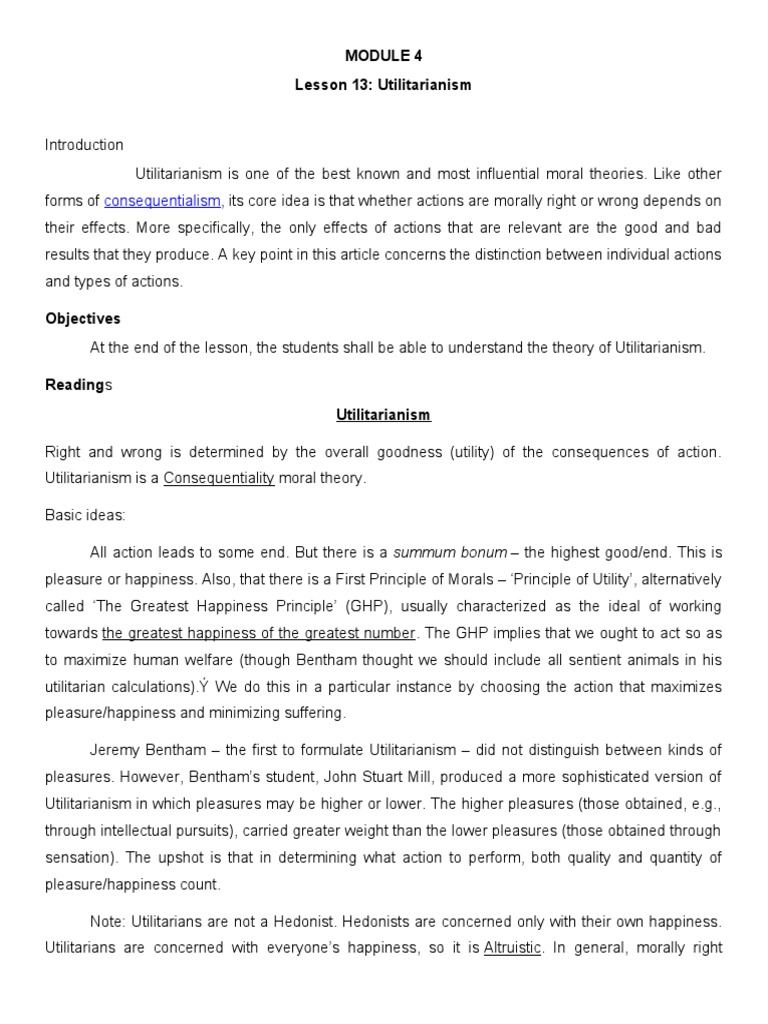 Module 4 Lesson 13 | PDF | Utilitarianism | Pleasure
