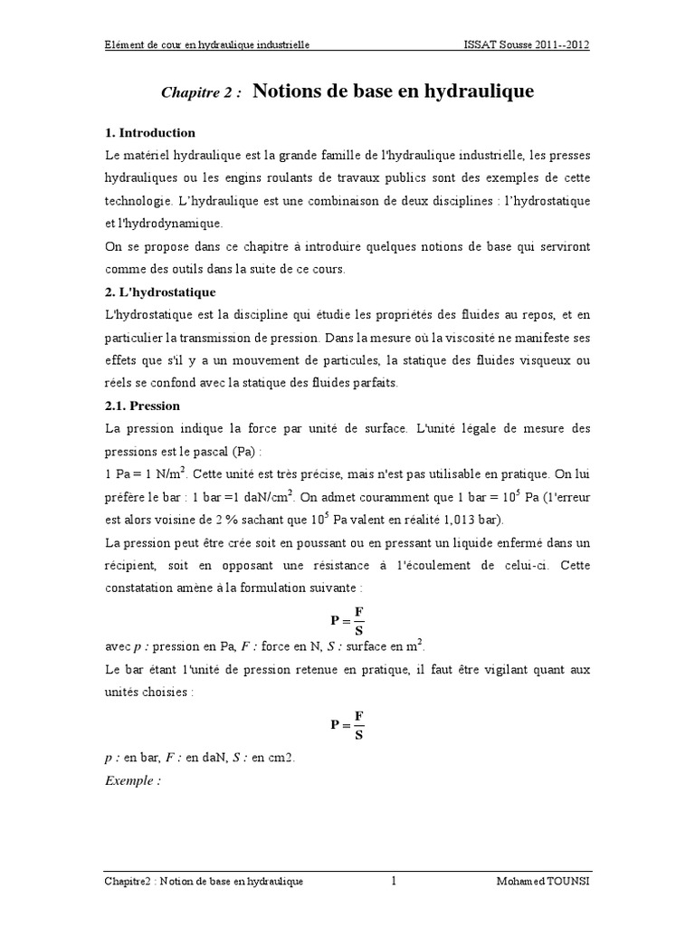 Notions de Base en Hydraulique | PDF | Pression | Hydraulique