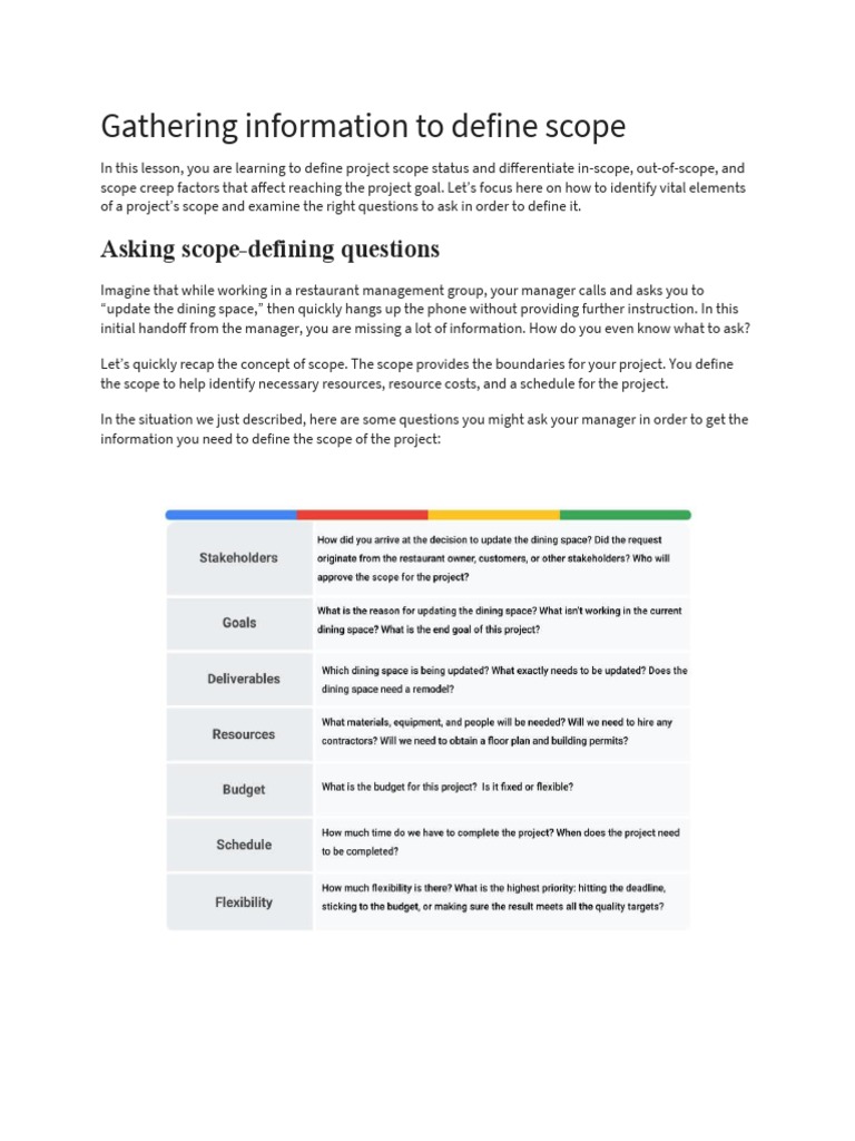 Gathering Information To Define Scope | PDF