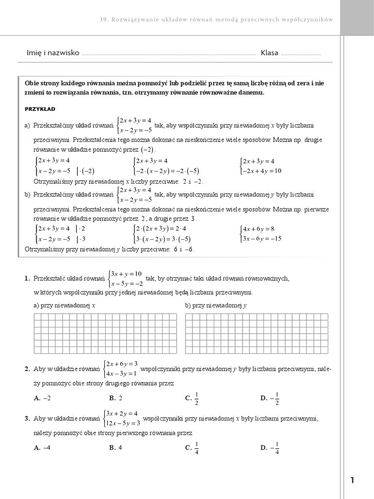 Test Rozwiazywanie Ukladow Rownan Metoda Przeciwnych Wspolczynnikow | PDF