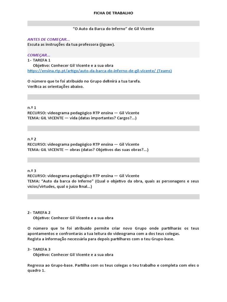 Ficha de Trabalho 1 - Gil Vicente | PDF