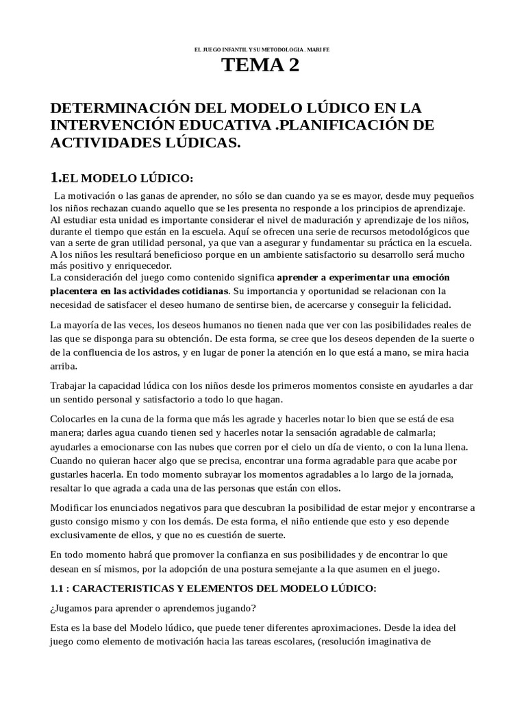 Tema 2 El Juego Infantil Y Su Metodologia Download Free Pdf Aprendizaje Educación De La 