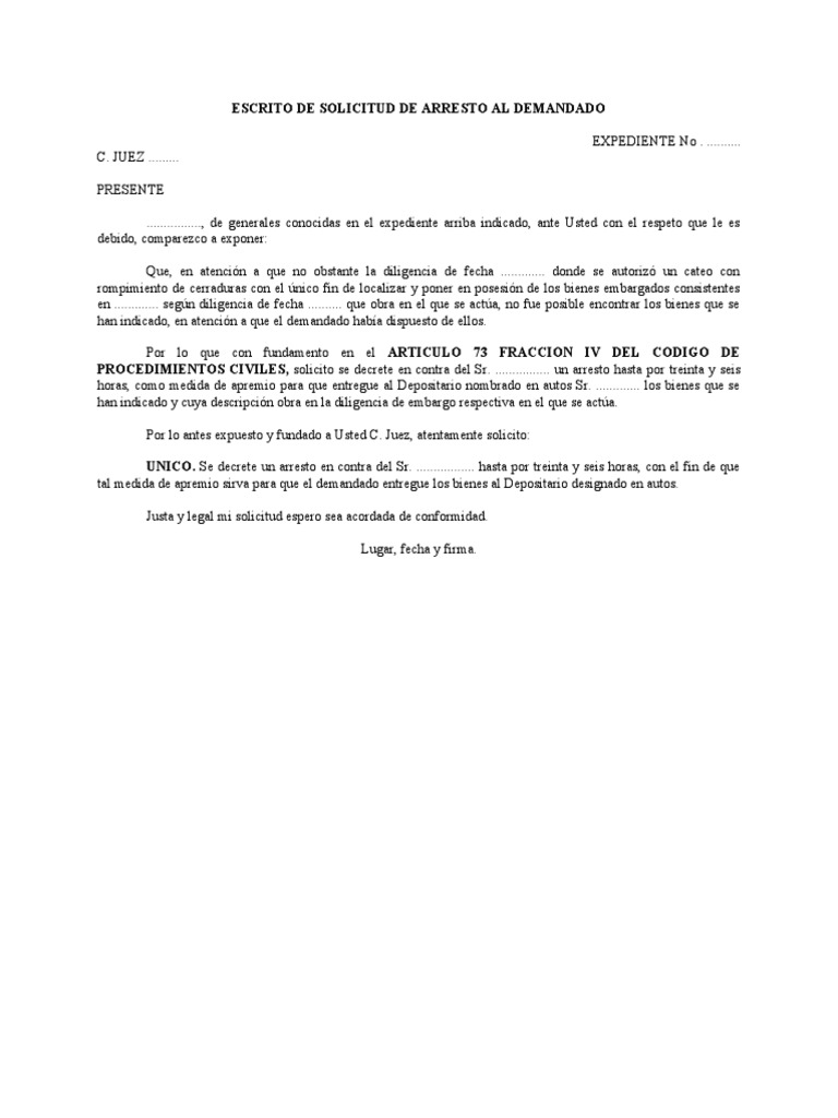 Escrito de Solicitud de Arresto Al Demandado | PDF