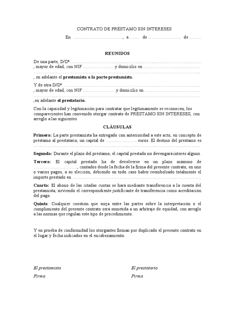 Modelo Contrato Prestamo Entre Familiares Sin Intereses PDF | PDF