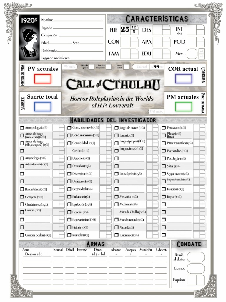 Ficha CoC7 20 Editable Calculada | PDF