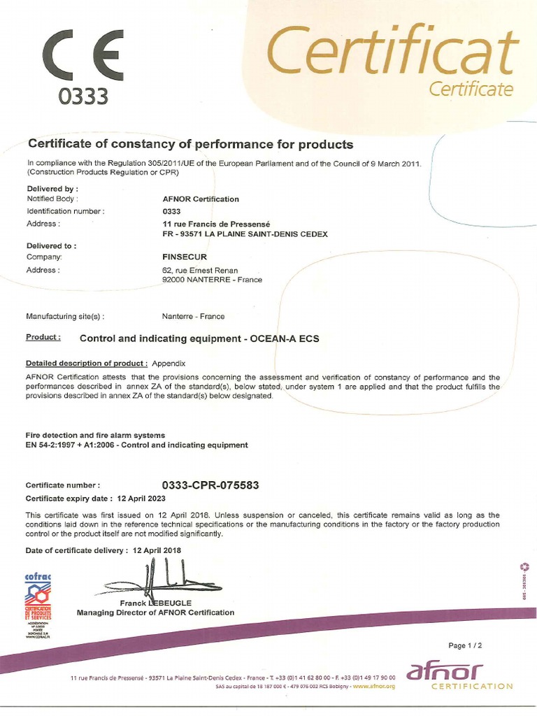 Certif CE CPD 0333-CPR-075583 OCEAN-A ECS GB.12.04.2023 | PDF