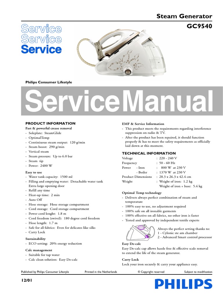 Philips GC9540 Service Manual | PDF | Steam | Water