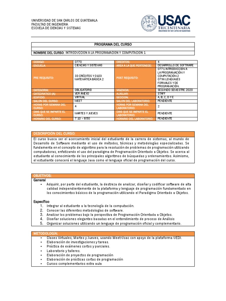 Programa de Curso IPC01-SEMESTRE1-2022 | PDF | Programación de ...