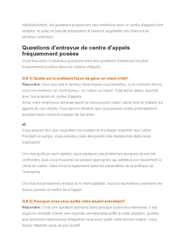 Questionnaire Entretien | PDF | Centre d'appel