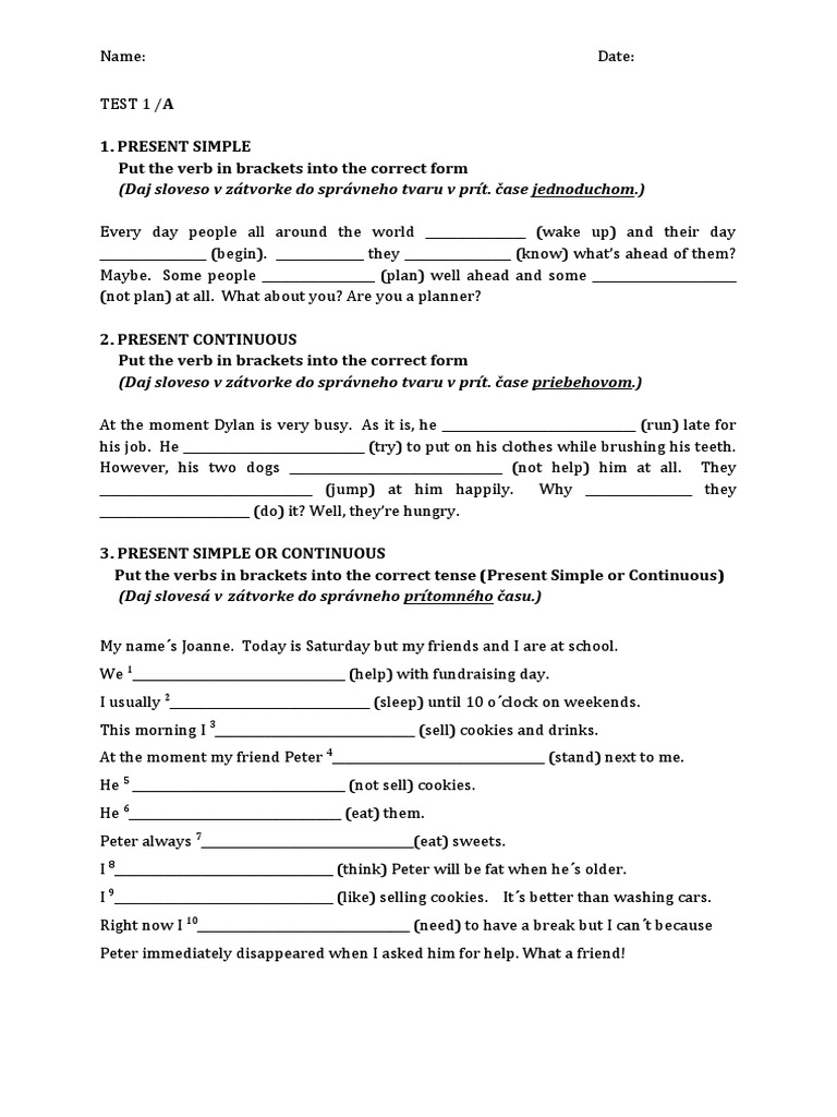 Present Simple and Continuous Tenses Test | PDF