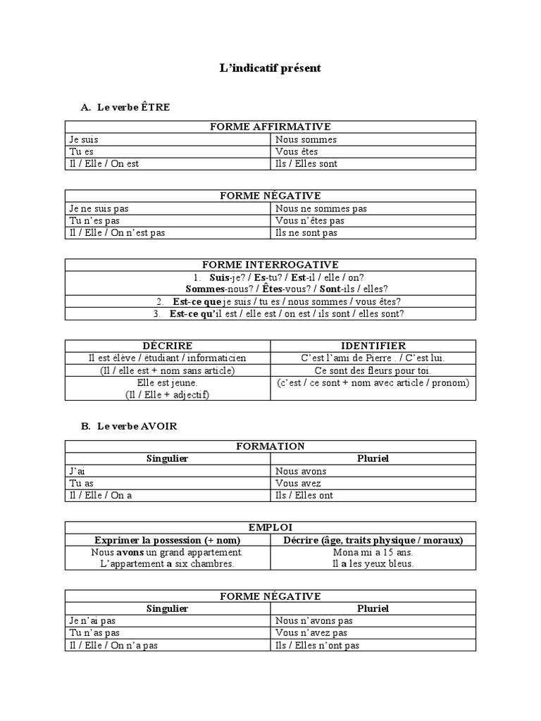 Conjugaison des Verbes Français au Présent | PDF | Nombre grammatical ...