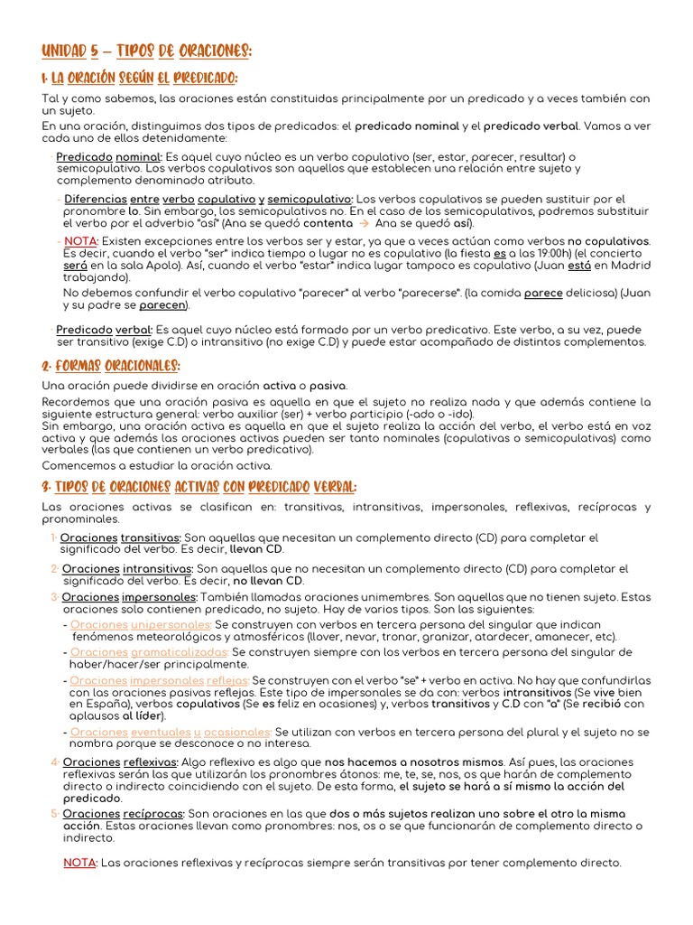 Unidad 5 - Tipos de Oraciones | PDF | Verbo | Predicado (Gramática)