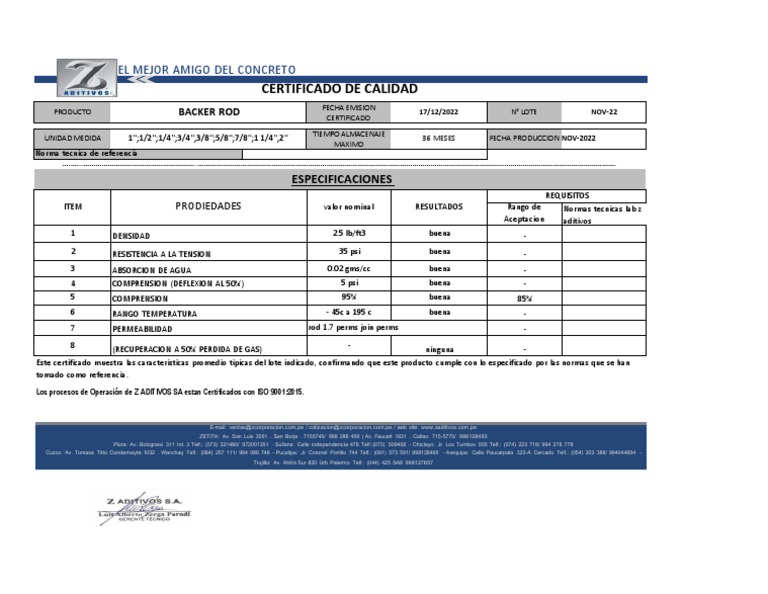 Certificado de calidad que confirma las características y cumplimiento ...
