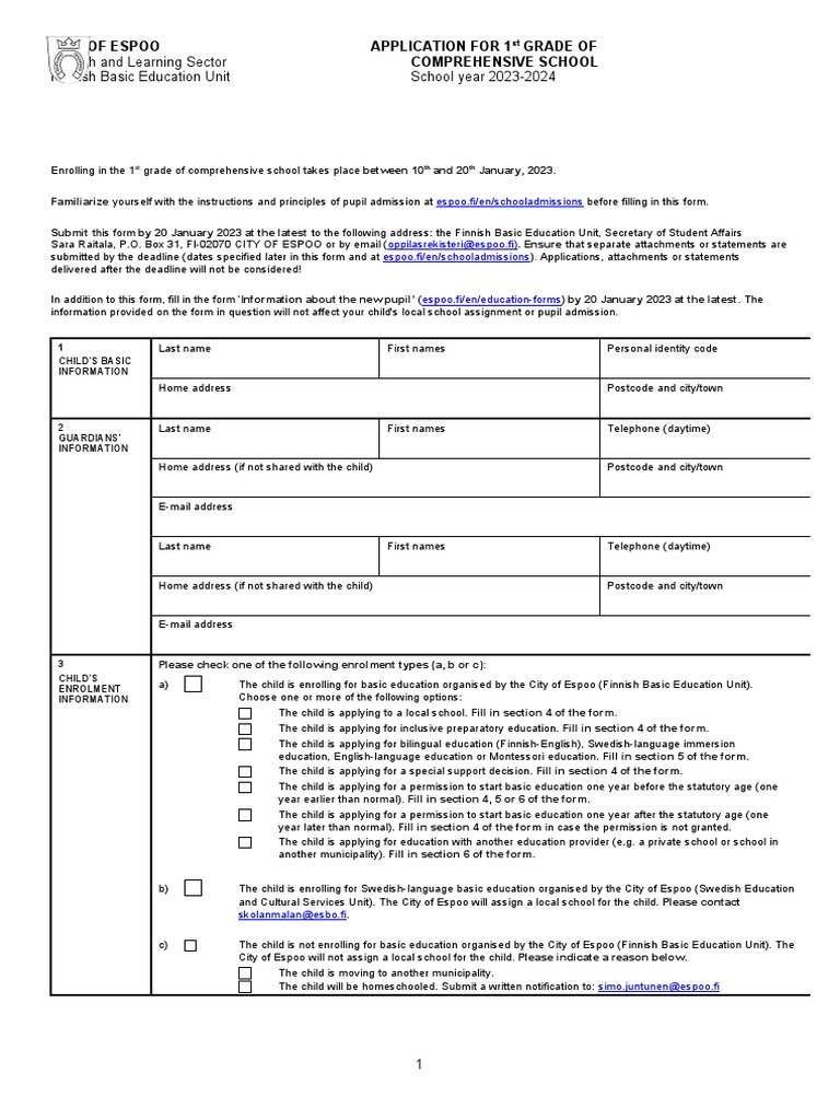 Application For 1st Grade of Comprehensive School 2023-2024 | PDF ...