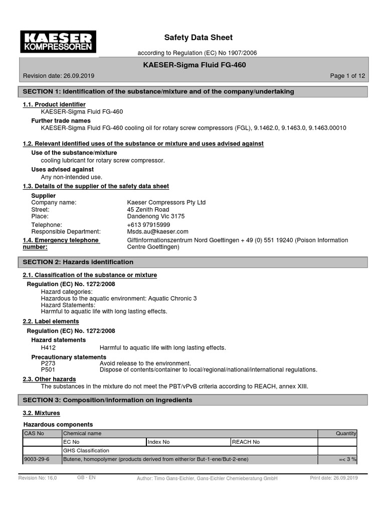 Kaeser-FG-460-AUS - 51-29626 - MSDS SEP 2019 | PDF | Dangerous Goods | Waste