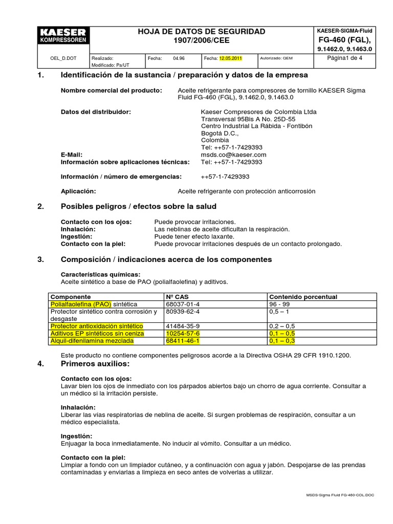 Ficha de Seguridad Kaeser Sigma Fluid FG-460 | PDF | Agua | Petróleo