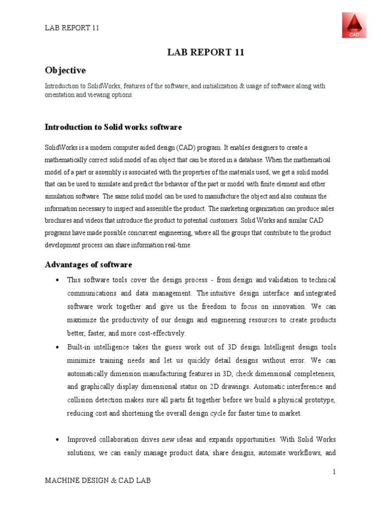 Lab Report 11 Objective: Introduction To Solid Works Software | PDF | Computer Aided Design | 3 ...