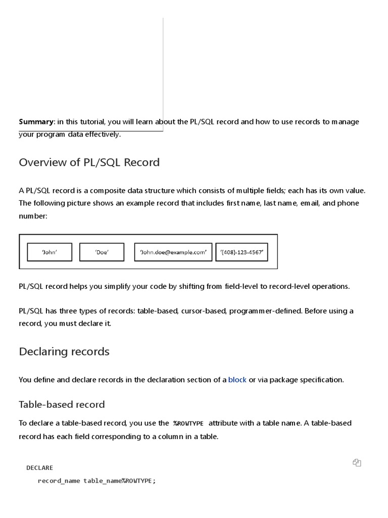 PL/SQL Record Tutorial Guide | PDF | Pl/Sql | Computer Programming