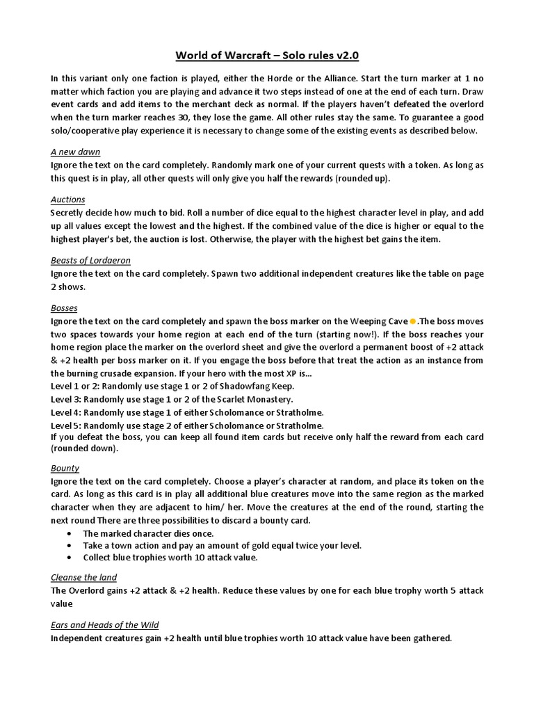 WOW - Solo Rules v2.0 | PDF | Auction | World Of Warcraft