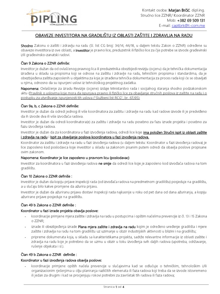 OBAVEZE INVESTITORA U Oblasti ZZNR NA GRADILIŠTU Dipling | PDF
