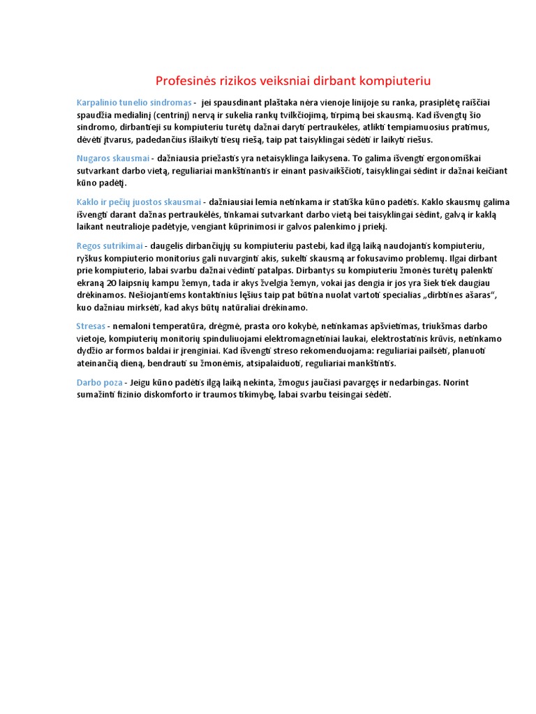 Profesinės Rizikos Veiksniai Dirbant Kompiuteriu | PDF