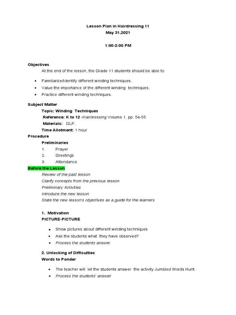 DETAILED LP - Hairdressing 11 (WindingTechniques) | PDF | Lesson Plan ...