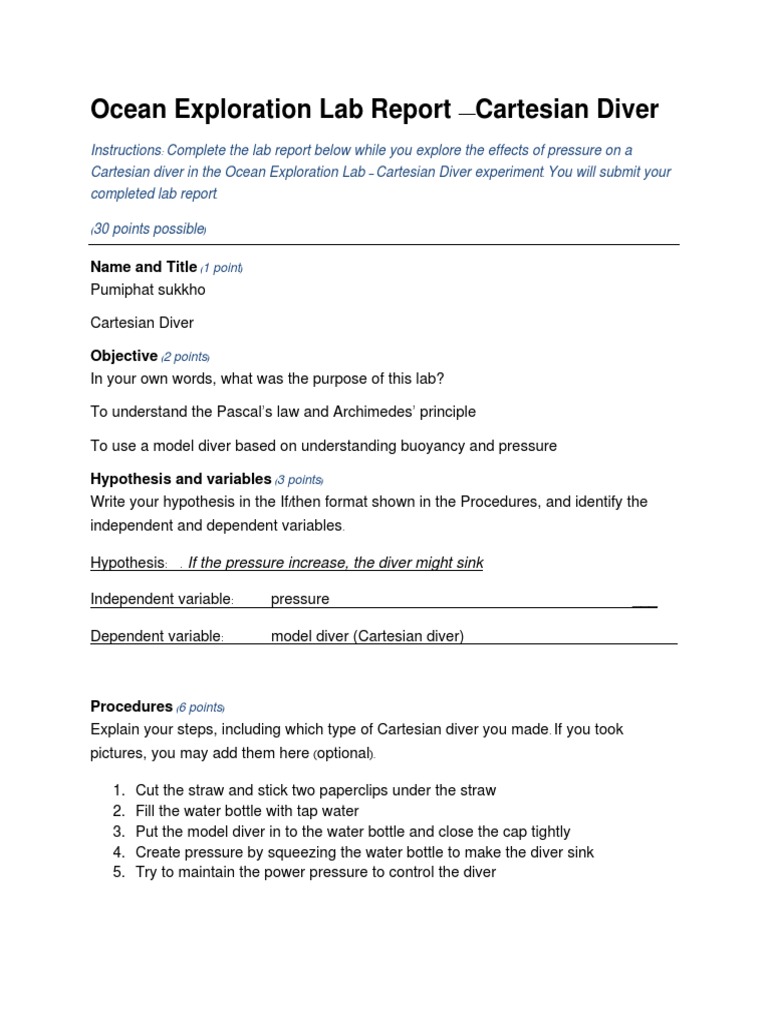 Cartesian Diver Lab Report | PDF | Scuba Diving | Buoyancy