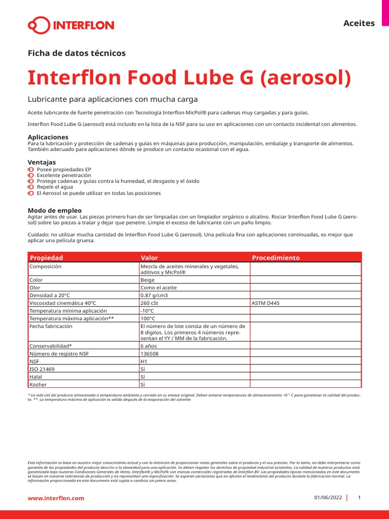 8844 TDS AR Es Interflon Food Lube G Aerosol | PDF | Lubricante ...