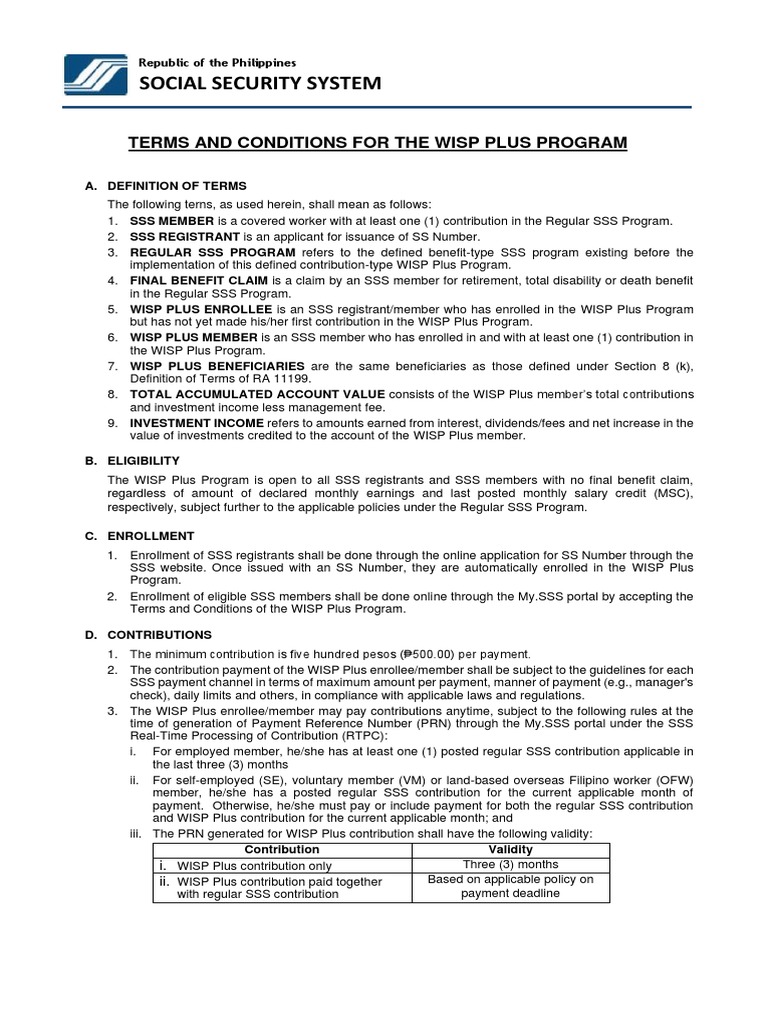 Social Security System: Terms and Conditions For The Wisp Plus Program ...