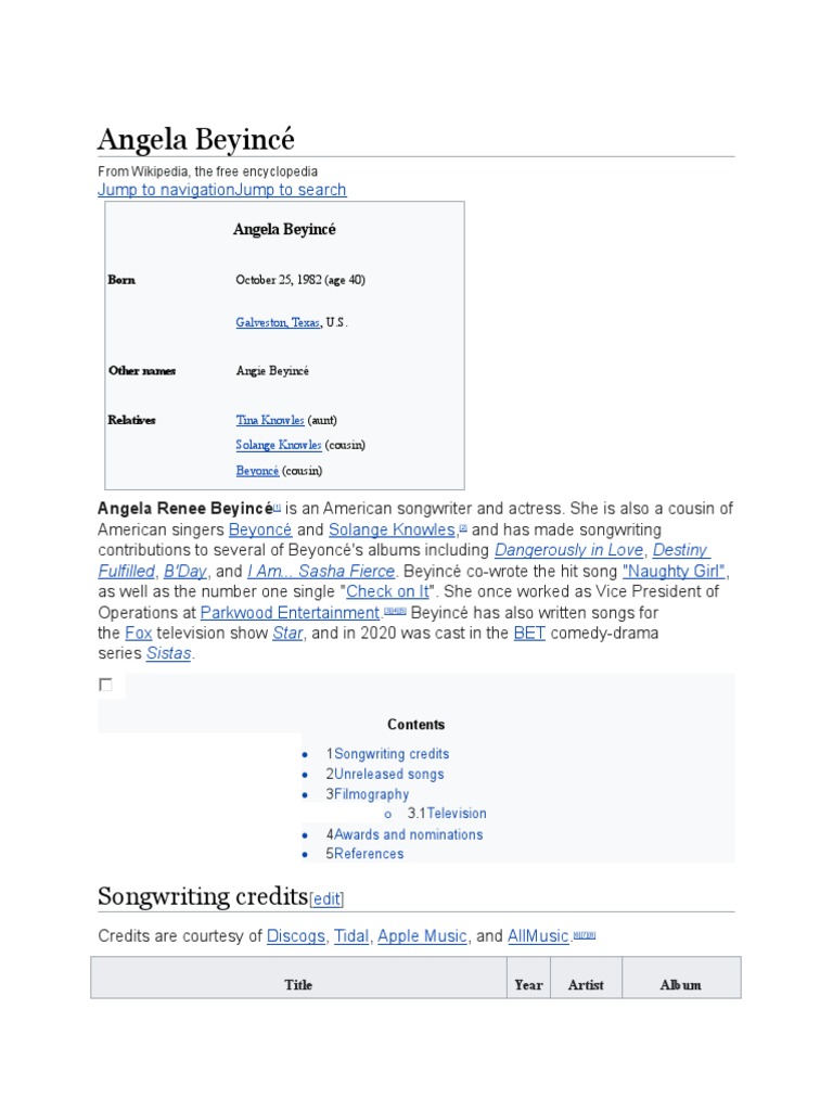 Angela Beyincé: Songwriting Credits | PDF | Wikipedia | Beyoncé