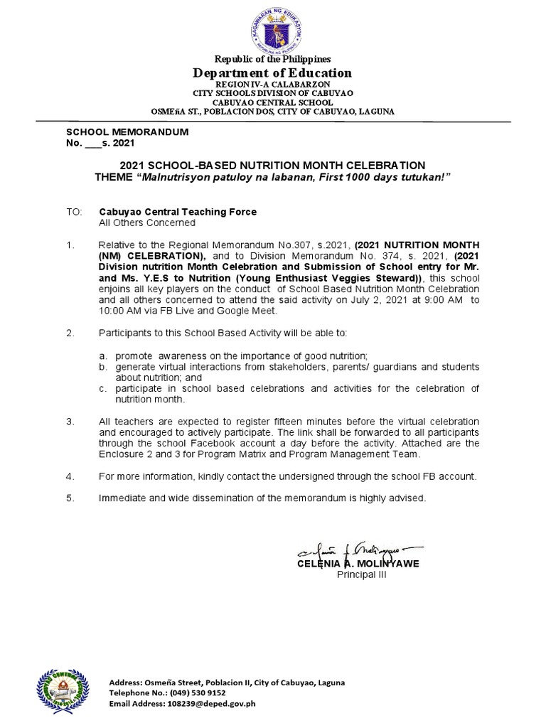 2021 School-Based Nutrition Month | PDF | Learning