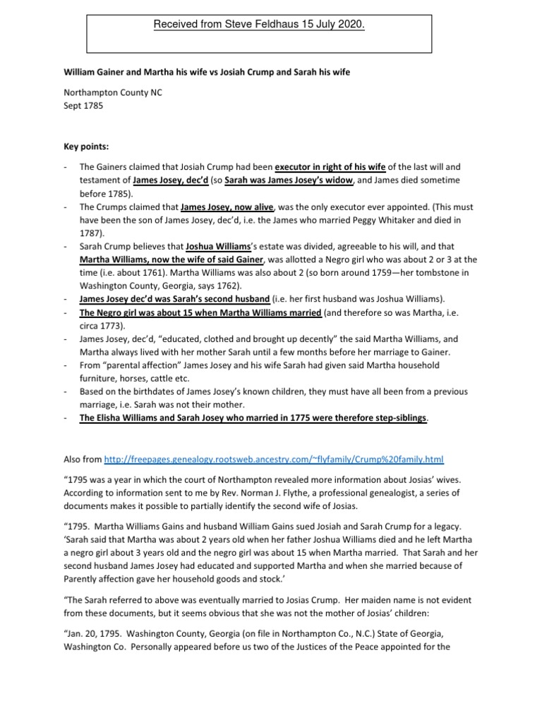 Sarah, Wife of Joshua Williams, James Josey and Josiah Crump-1 | PDF